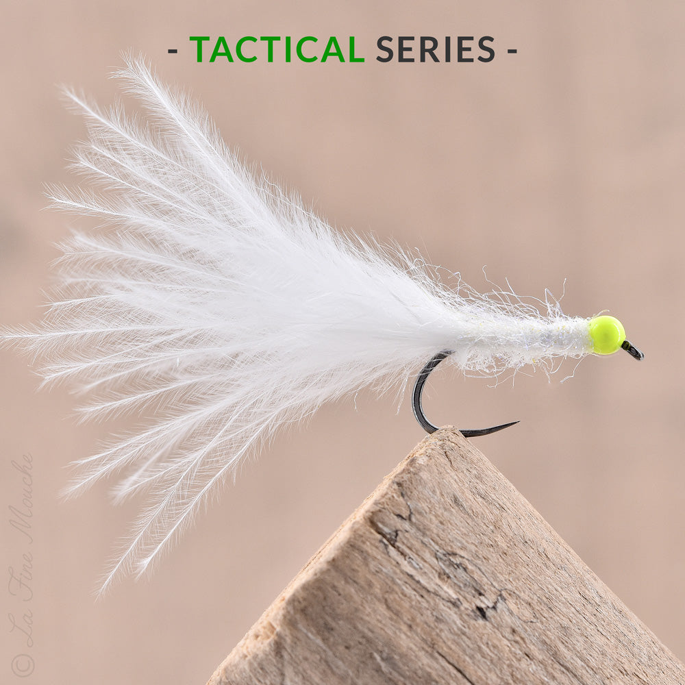 White Marabou Streamer - TACTICAL SERIES - Fluorescent Yellow Bead – La ...